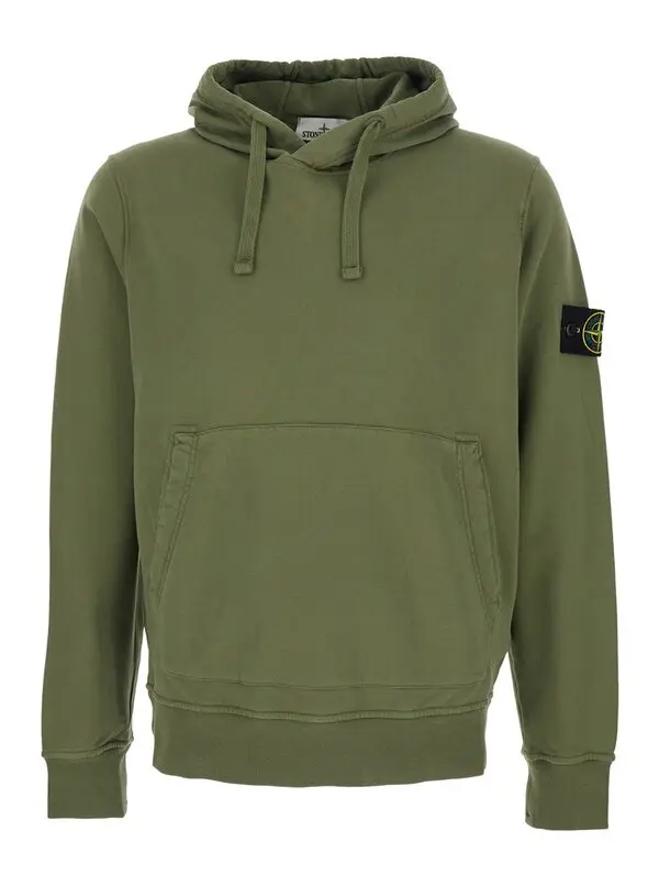 Stone Island Hoodie With Drawstring And Logo Patch On Sleeve In Cotton - Green