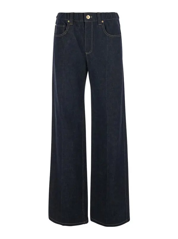 Brunello Cucinelli Blue Wide Leg Jeans With Monile On The Back In Denim For - Multicolor