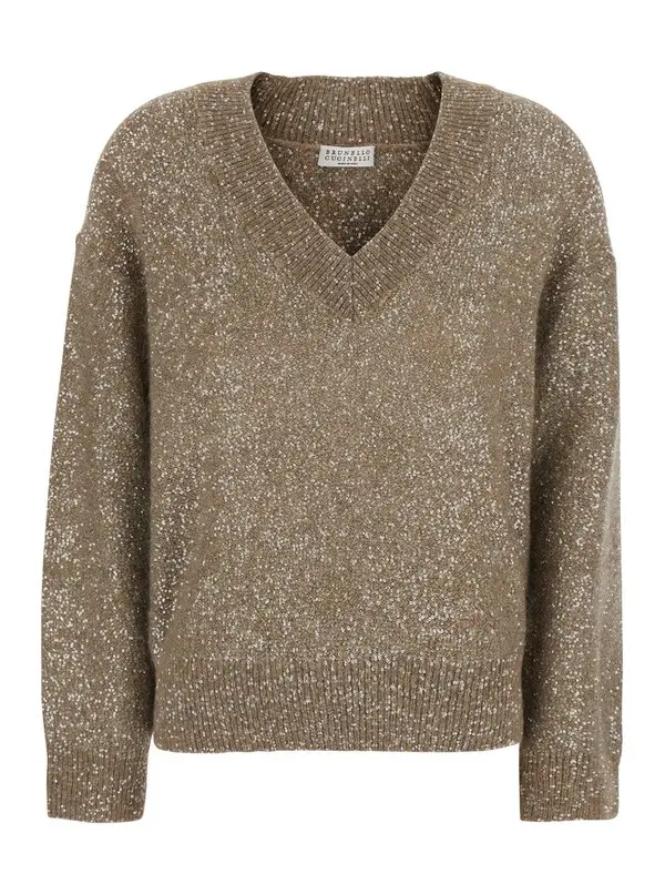 Brunello Cucinelli Beige V-neck Sweater With Knit Design In Blend Wool For - Multicolor
