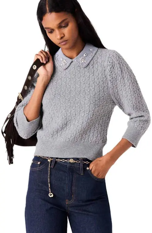 Maje Removable Poplin Collar Sweater - Light Grey
