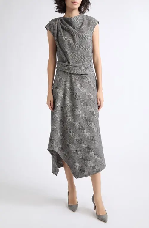 REISS Clara Glen Plaid Asymmetric Hem Wool Blend Dress