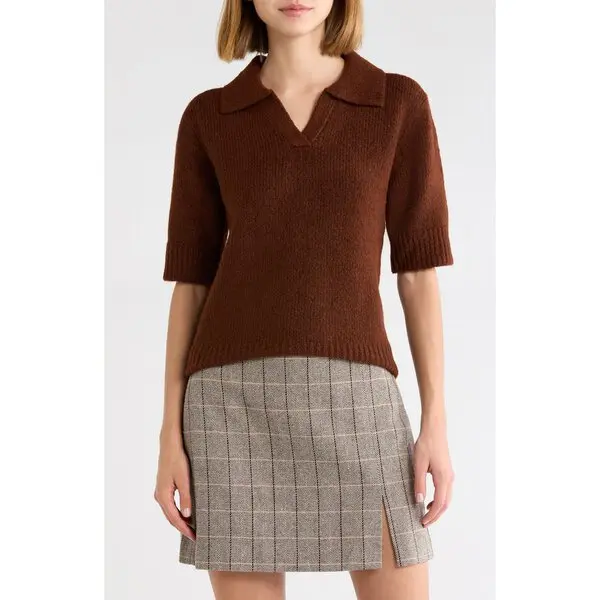 WAYF Shiloh Polo Sweater - Chestnut
