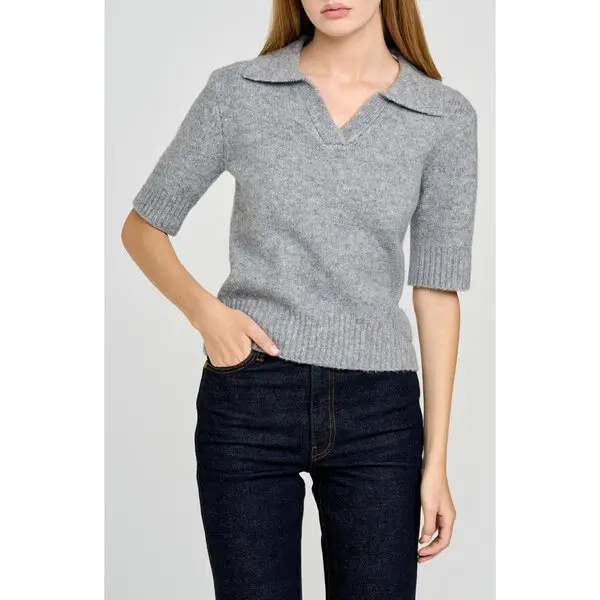 WAYF Shiloh Polo Sweater - Heather Grey