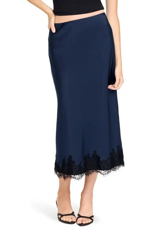 WAYF Vienna Lace Trim Satin Skirt - Navy