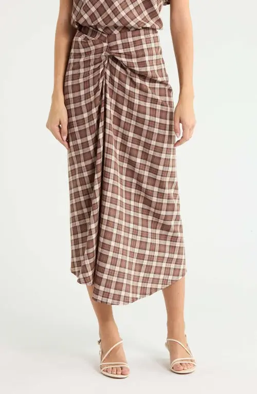 WAYF Laurel Plaid Drape Detail Cotton Skirt - Brown