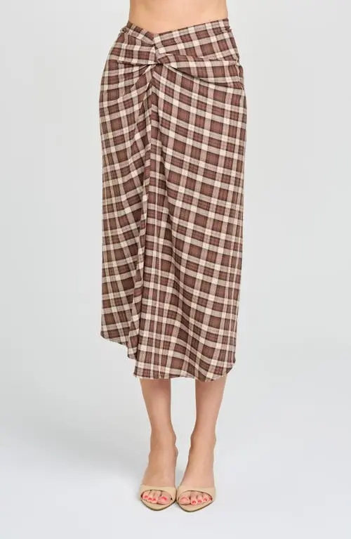 WAYF Laurel Plaid Drape Detail Cotton Skirt - Brown
