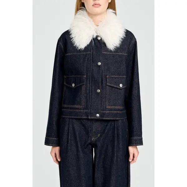WAYF Sawyer Faux Fur Collar Denim Jacket - Dark Navy