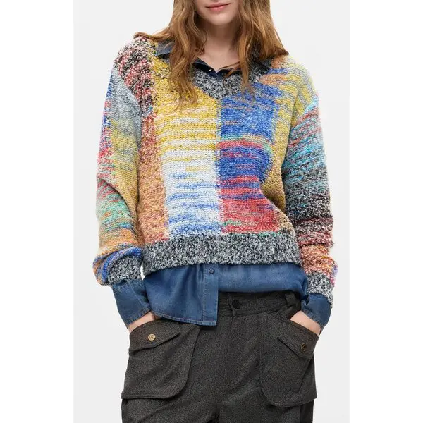 Desigual Check Textured V-neck Pullover
