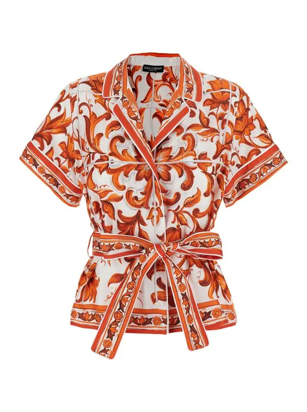 Dolce & Gabbana Orange Shirt With All-over Maiolica Print And Waist Belt In Silk For - Multicolor
