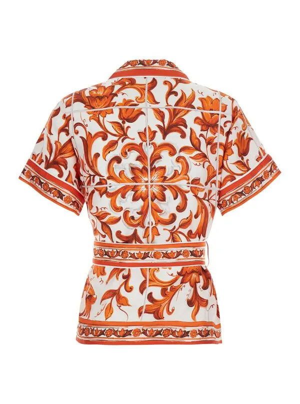 Dolce & Gabbana Orange Shirt With All-over Maiolica Print And Waist Belt In Silk For - Multicolor