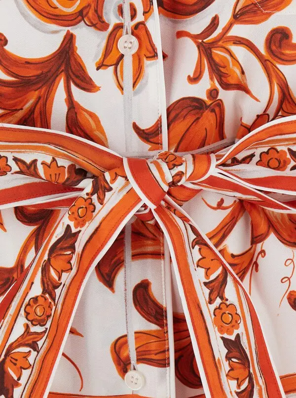 Dolce & Gabbana Orange Shirt With All-over Maiolica Print And Waist Belt In Silk For - Multicolor