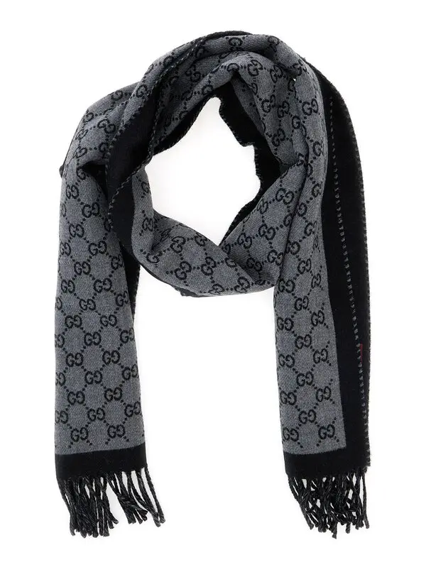 Gucci Scarf 'gg' With Fringed Edge In Gray Wool
