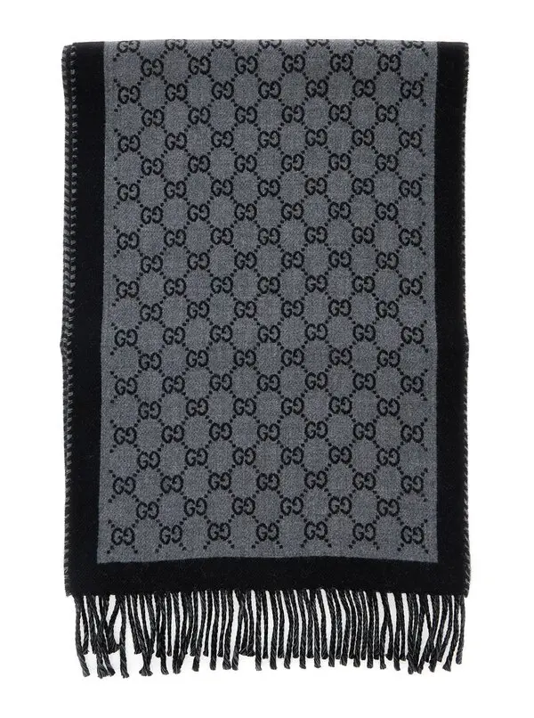 Gucci Scarf 'gg' With Fringed Edge In Gray Wool - Multicolor