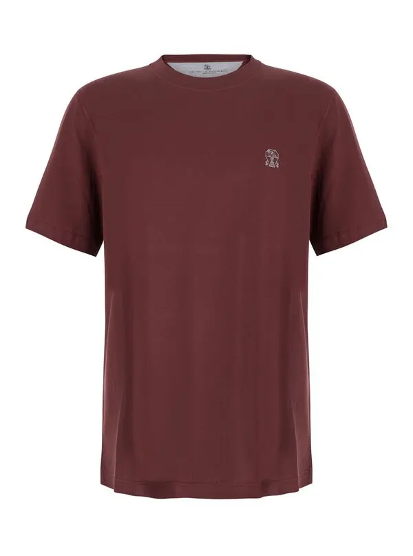 Brunello Cucinelli Burgundy T-shirt With Printed Logo On The Chest In Cotton For - Multicolor