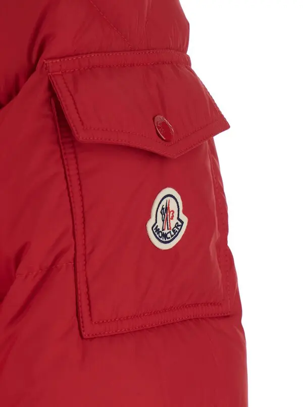 Moncler Maya' Red Down Jacket With Removable Hood And Logo Patch On The Sleeve In Tech Fabric For