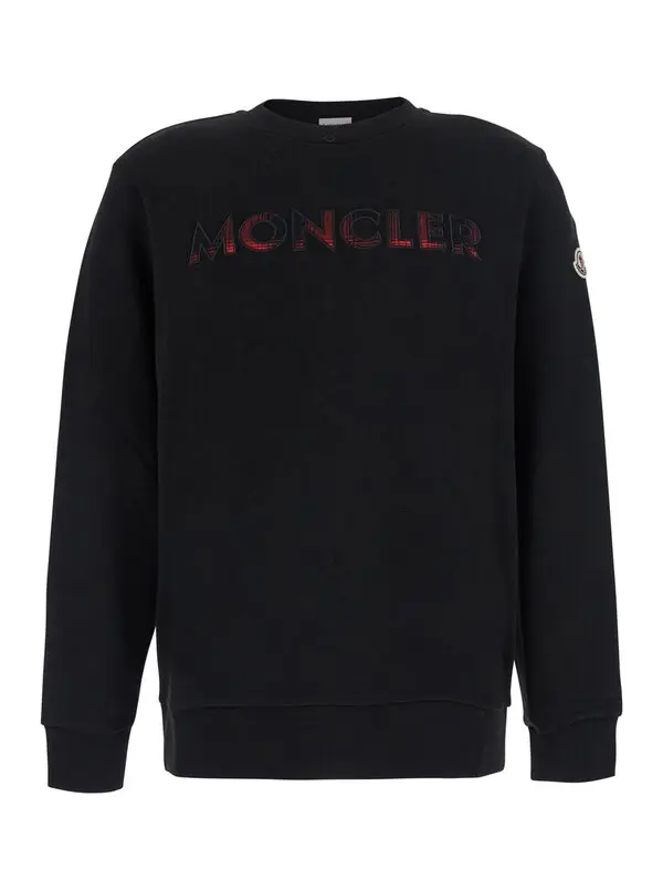 Moncler Black Crew Neck Sweater With Logo Lettering On The Front And Logo Patch On The Sleeve In Cotton Blend - Multicolor