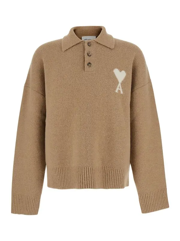 AMI Paris Beige Sweater With Polo Collar And Adc Embroidery On The Front In Wool For - Cream