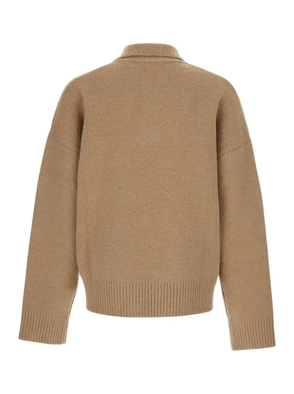 AMI Paris Beige Sweater With Polo Collar And Adc Embroidery On The Front In Wool For - Cream