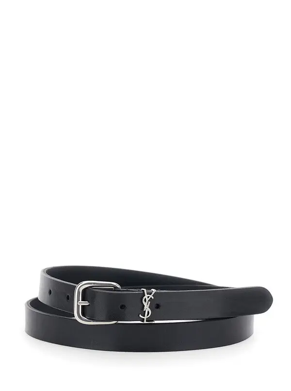 Saint Laurent Belt With Cassandre Plate On The Front And Adjustable Buckle In Leather For - Black