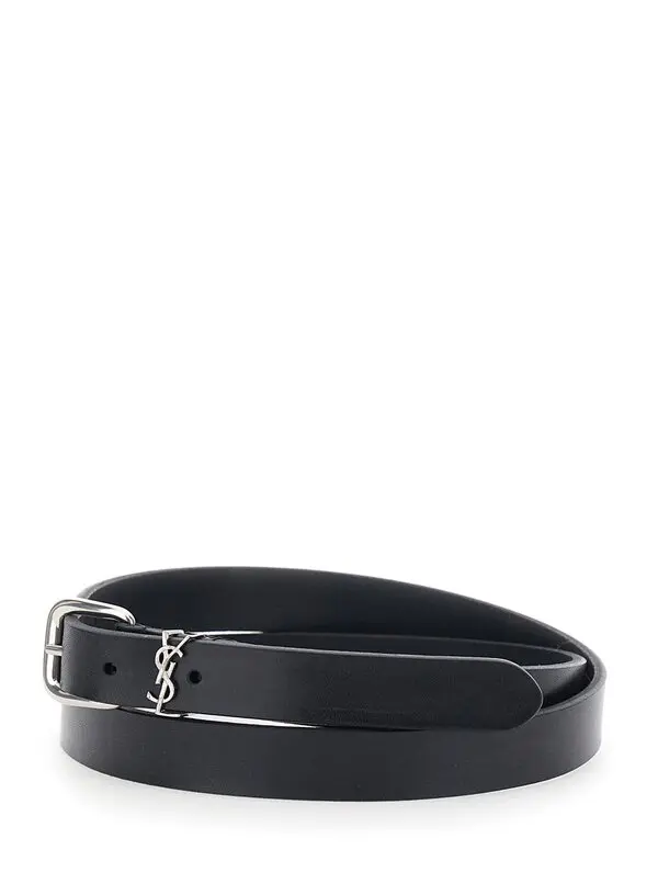 Saint Laurent Belt With Cassandre Plate On The Front And Adjustable Buckle In Leather For - Black