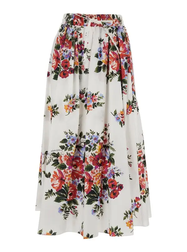 Dolce & Gabbana Long Skirt With Floral Print And Elastic Waist In Cotton For - White
