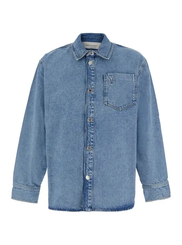 AMI Paris Light Shirt With Classic Collar And Tone-on-tone Adc Embroidery On The Front In Cotton For - Blue