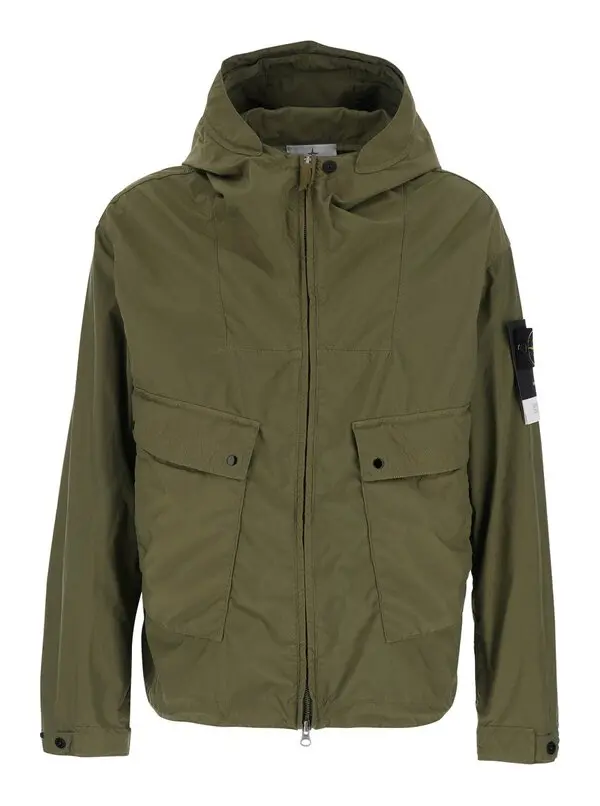 Stone Island Hooded Jacket With Buttons And Logo Patch On Sleeve In Tech Fabric For - Green