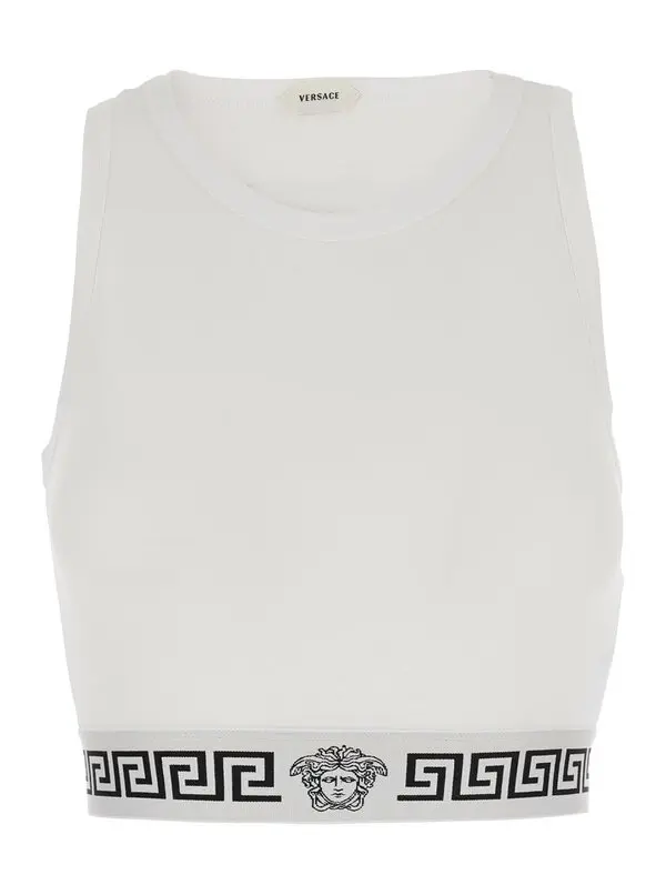 Versace White Top With Elasticized Design And Logo Band In Cotton