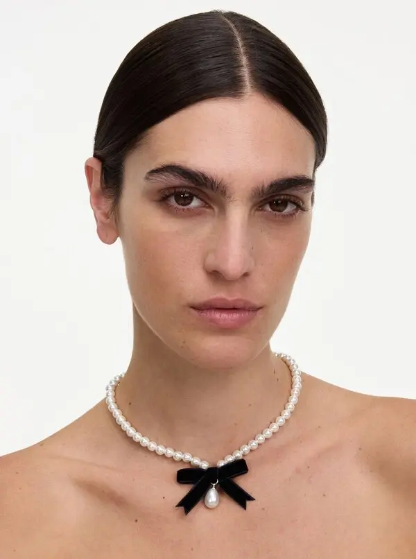 SELF-PORTRAIT White Necklace With Bead Design And Central Bow In Bronze For - Multicolor