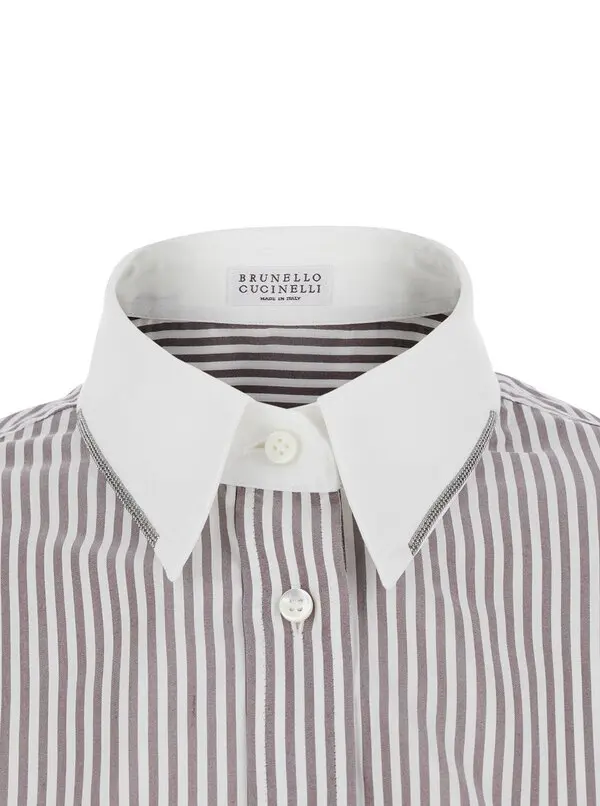 Brunello Cucinelli Brown Shirt With All-over Stripe Motif And Balloon Sleeves In Silk For - Multicolor