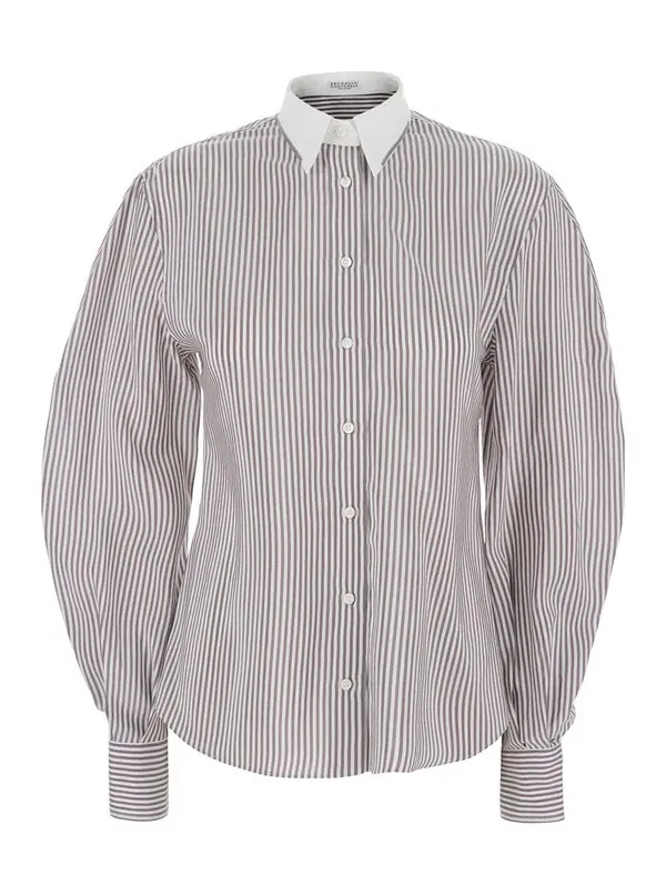 Brunello Cucinelli Brown Shirt With All-over Stripe Motif And Balloon Sleeves In Silk For - Multicolor