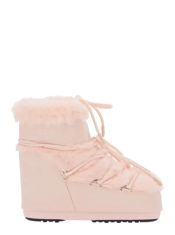 Moon Boot Pink Ankle Boots With Logo Lettering And Lace-up Closure In Tech Fabric And Eco Fur - Multicolor