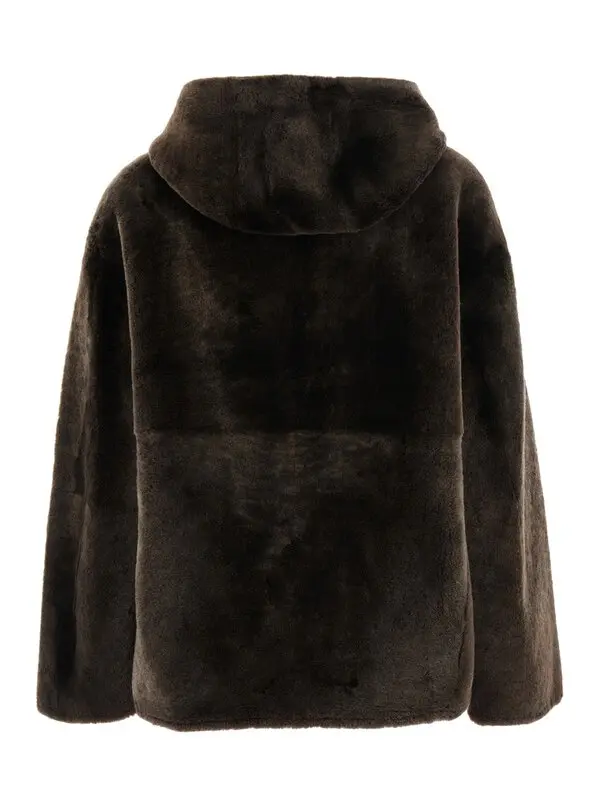 YVES SALOMON Brown Shearling Jacket With Fixed Hood In Fur For