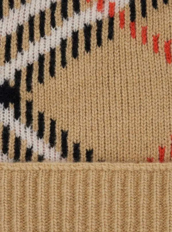 Burberry Beige Beanie With Brim And Check Motif In Wool For - Multicolor