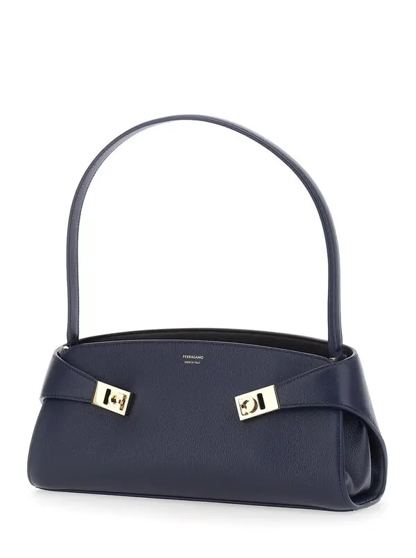 FERRAGAMO Hug East West' Blue Shoulder Bag With Strap On The Front And Logo Lettering On The Front In Leather For - Multicolor
