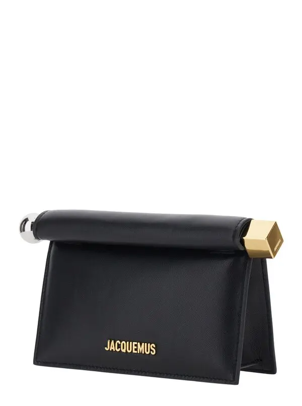 Jacquemus La Petite Pochette Rond Carre' Pouch With Logo Lettering On The Front In Leather - Black