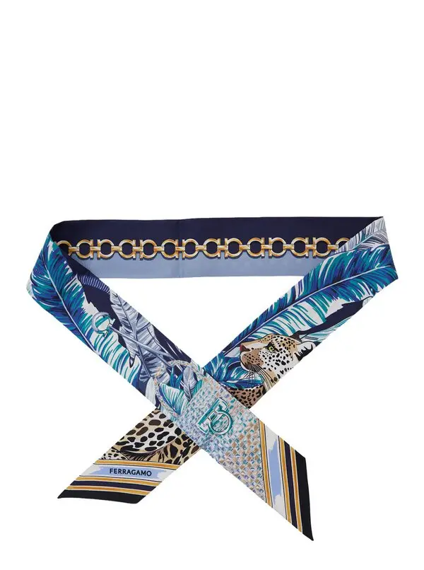 FERRAGAMO Blue Scarf With All-over Print And Embossed Logo Lettering In Silk