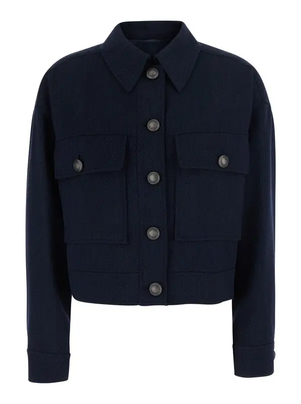 Brunello Cucinelli Blue Crop Jacket With Classic Collar And Monile Decoration In Wool For - Multicolor