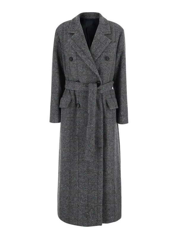 Brunello Cucinelli Gray Double-breasted Coat With Notched Revers And Removable Belt On The Front In Wool Blend For - Multicolor