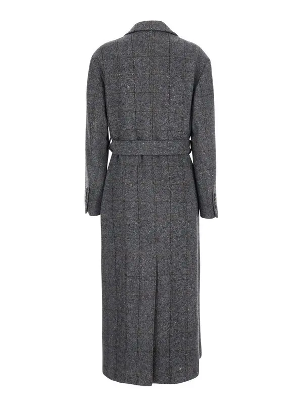 Brunello Cucinelli Gray Double-breasted Coat With Notched Revers And Removable Belt On The Front In Wool Blend For - Multicolor