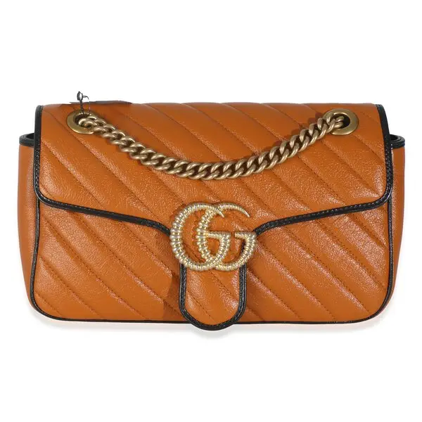 Gucci Cognac Calfskin Matelasse Diagonal Torchon Gg Marmont Shoulder Bag - Brown