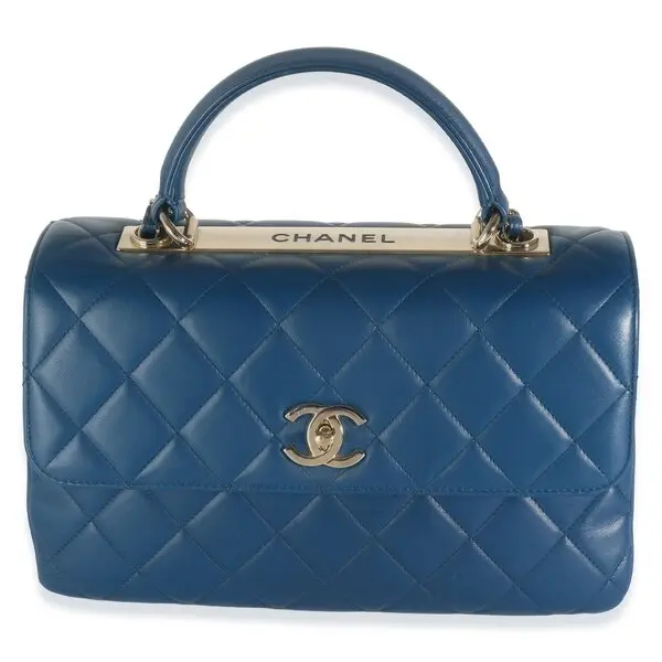 Chanel Navy Quilted Lambskin Trendy Top Handle Bag - Blue