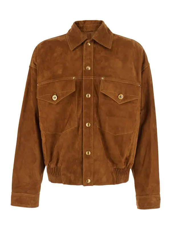 Versace Beige Jacket With Classic Collar And Logoed Jewel Buttons In Suede For