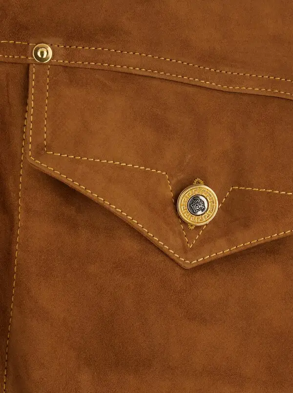 Versace Beige Jacket With Classic Collar And Logoed Jewel Buttons In Suede For