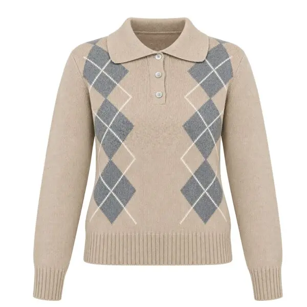 LUELLA FASHION Neutrals Argyll Cashmere Blend Button-up Collar Pattern Jumper In Camel & Grey - Beige/gray