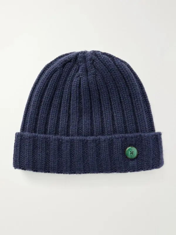 GOD'S TRUE CASHMERE Malachite-embellished Ribbed Cashmere Beanie - Blue