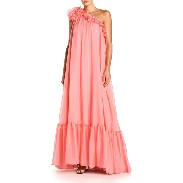 Mac Duggal One Shoulder Chiffon Maxi Gown With 3d Rosette