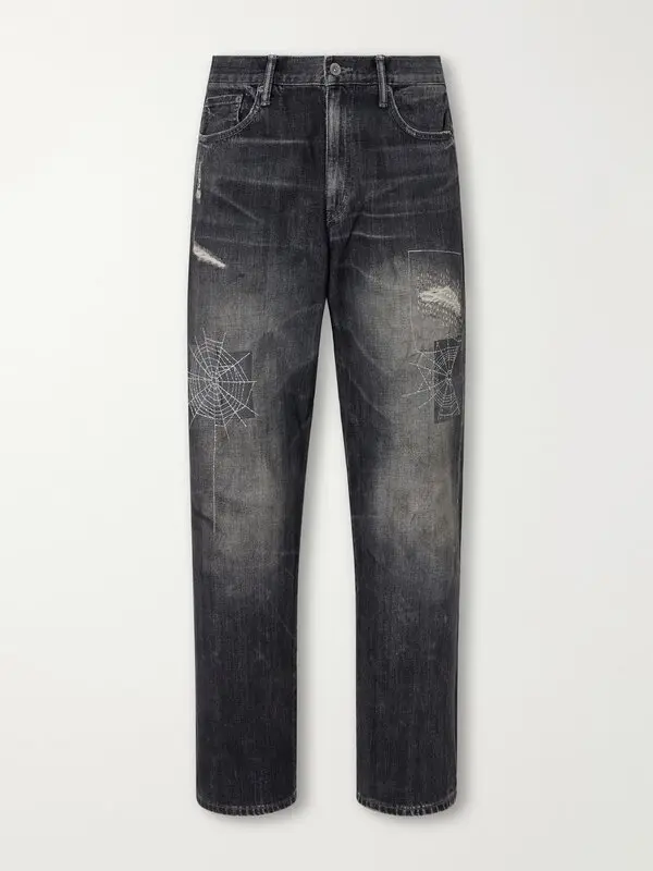 NEIGHBORHOOD Savage Straight-leg Distressed Embroidered Jeans - Black