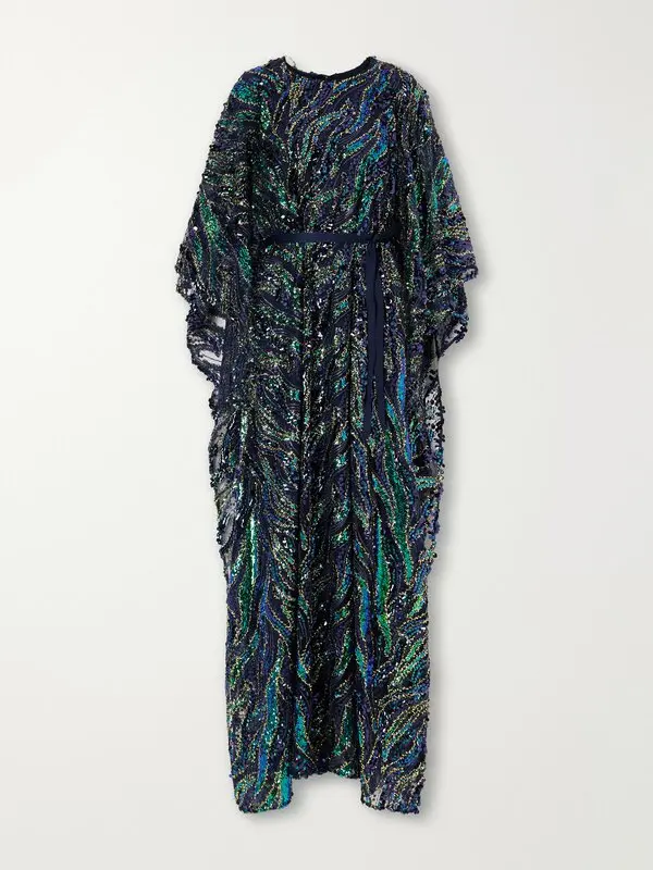 TALLER MARMO Firefly Belted Draped Sequined Tulle Gown - Multi