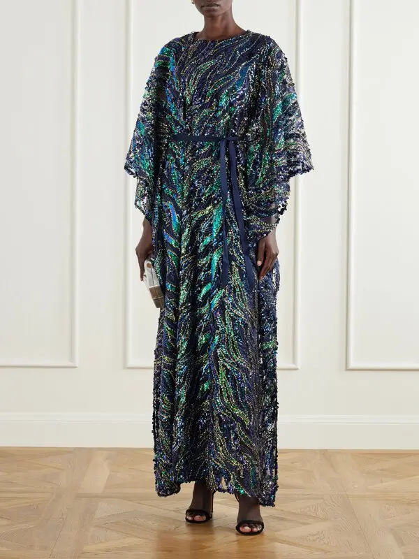 TALLER MARMO Firefly Belted Draped Sequined Tulle Gown - Multi